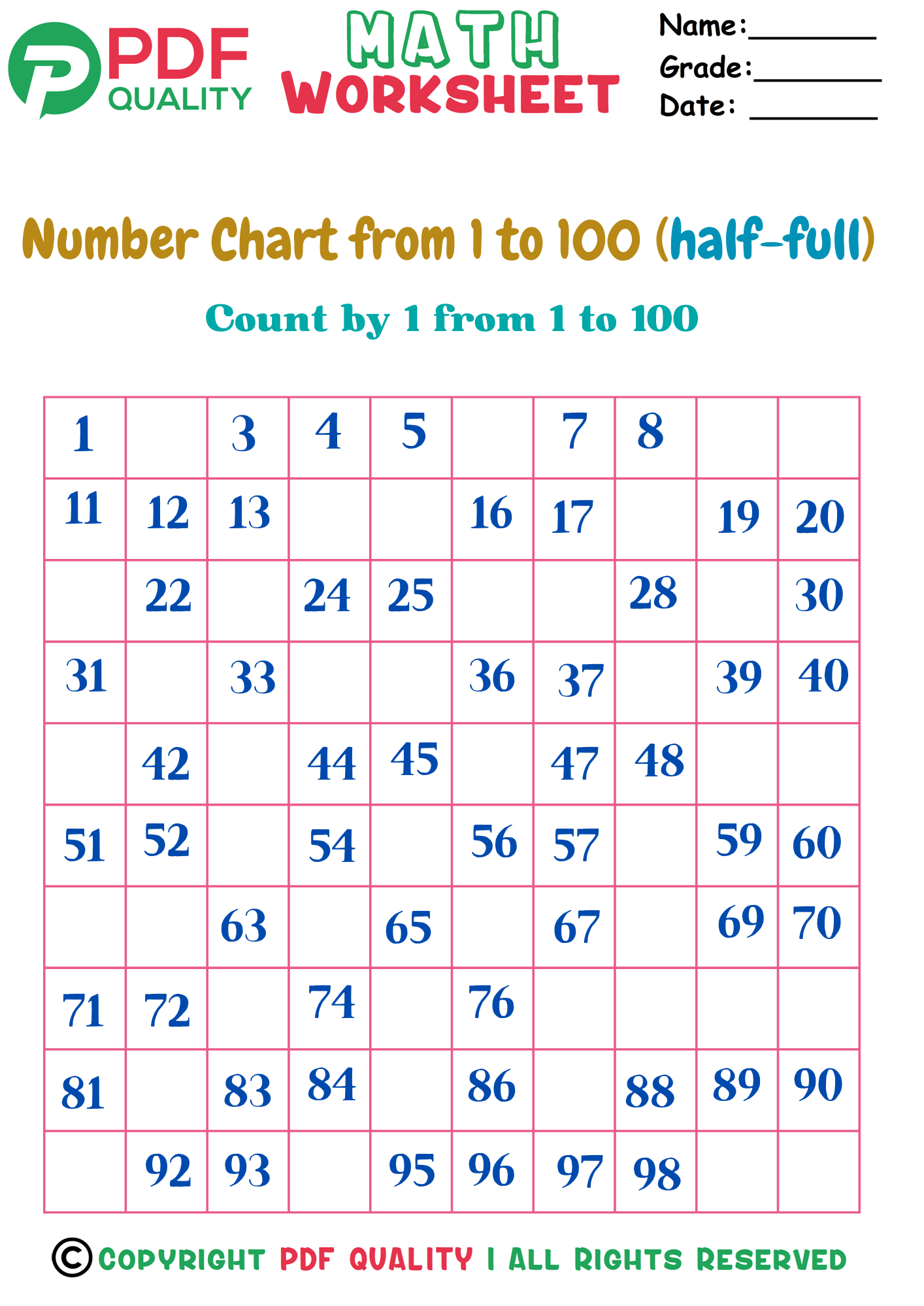 Counting by ones 1-100 (half-full) (b) – Sania Library